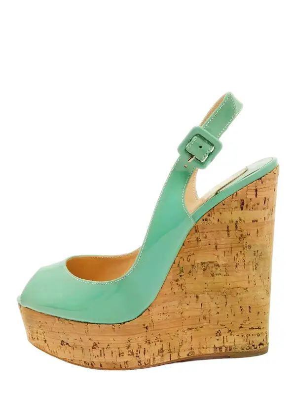 CHRISTIAN LOUBOUTIN Une Plume Patent-leather Cork-wedge Sandals - Green
