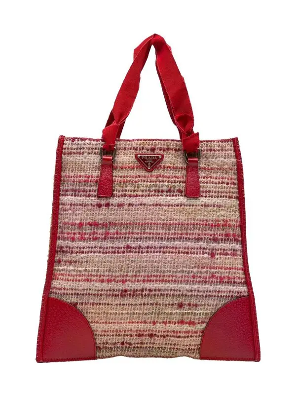 Prada Vitello Trimmed Tweed Flat Tote Bag - Red