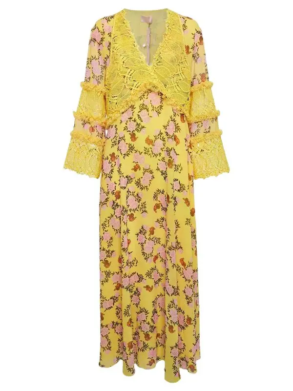 Giamba Lace Floral Dress - Yellow
