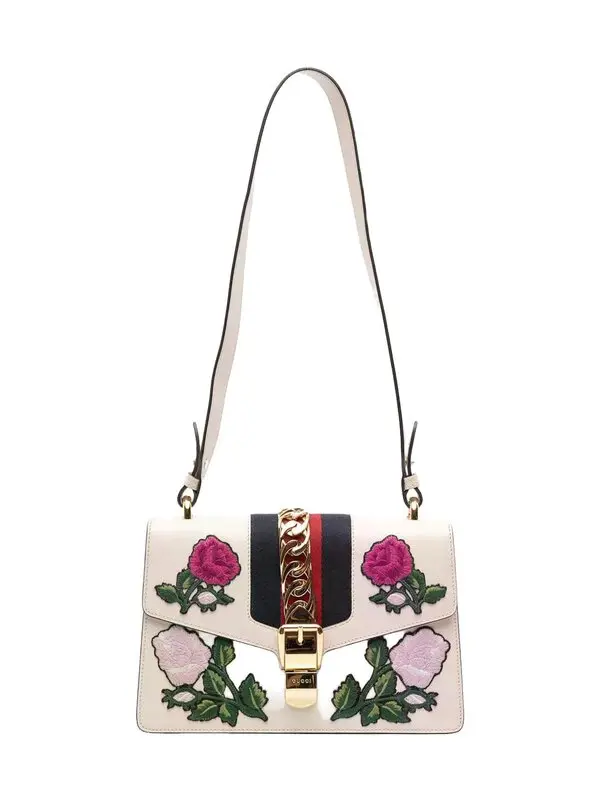 Gucci Floral Embroidered Leather Sylvie Satchel - White