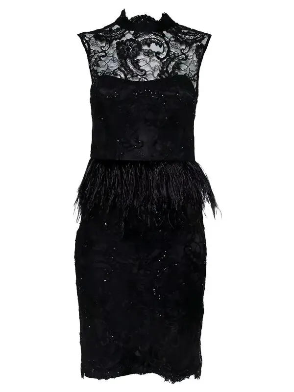 Alice + Olivia Lace Feather-trim Dress - Black