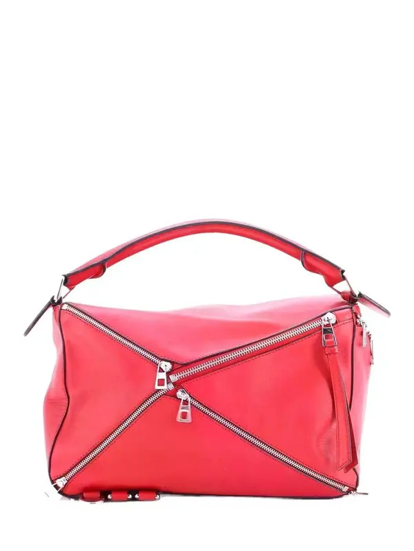 Loewe Puzzle Bag Zipper Embellished Leather Medium Satchel - Red