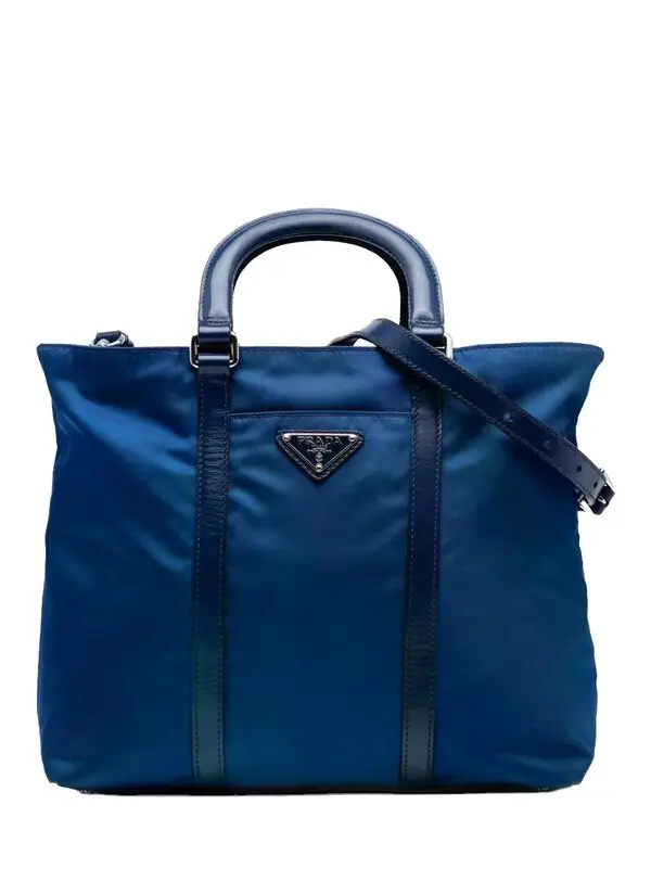 Prada Vitello Trimmed Tessuto Satchel - Blue