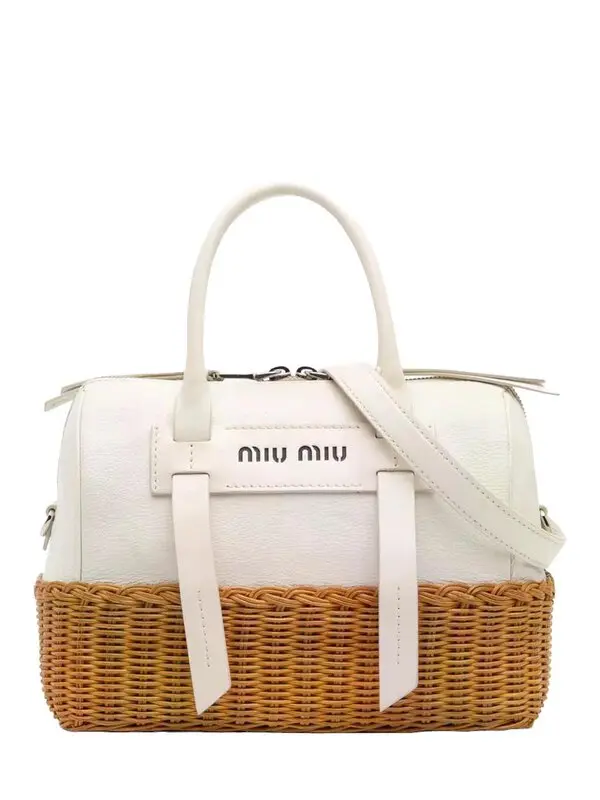 Miu Miu Wicker Trimmed Leather Top Handle Bag - Brown