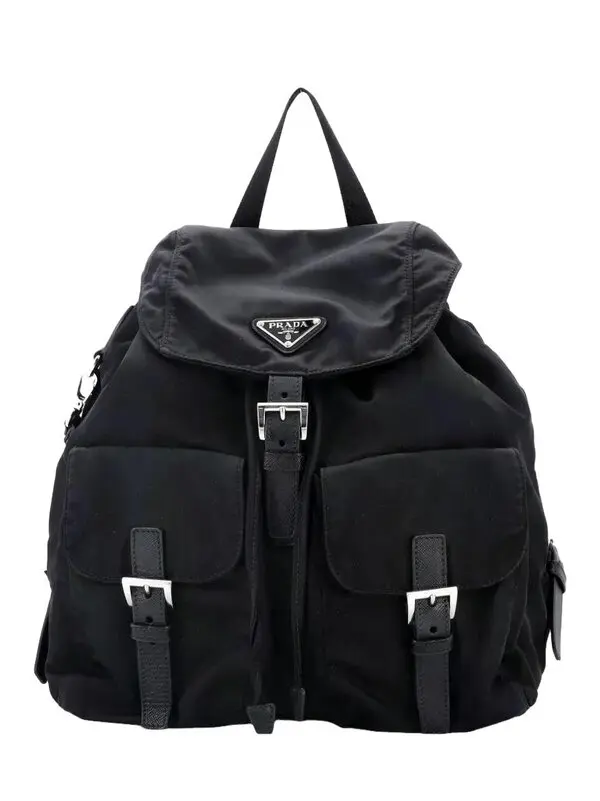 Prada Double Front Pocket Re-nylon With Leather Medium Backpack - Black