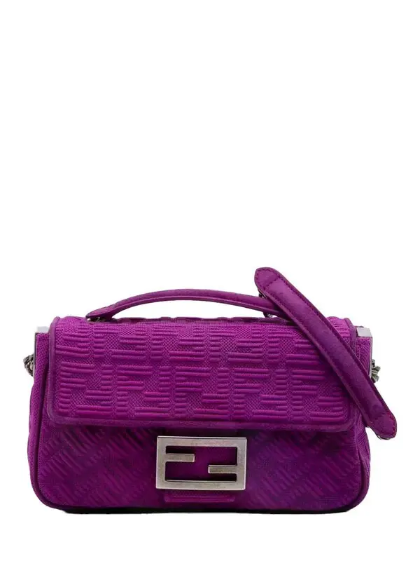 Fendi Zucca Embossed Technical Fabric Chain Midi Baguette Shoulder Bag - Purple