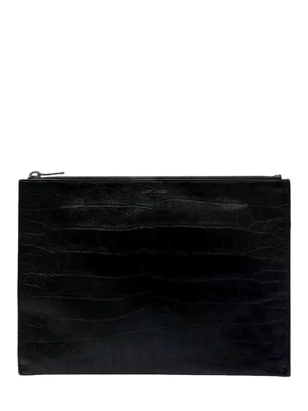 Saint Laurent 2016 Croc Embossed Leather Clutch Bag - Black
