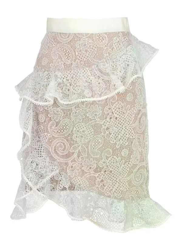 SELF-PORTRAIT Floral Lace Ruffled Skirt - White