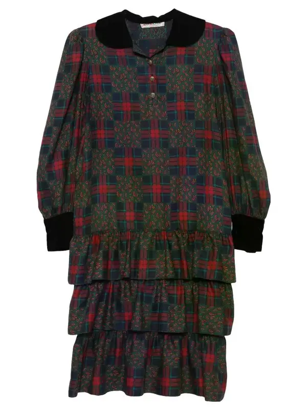 Saint Laurent 1970s Plaid Ruffled Dress - Blue