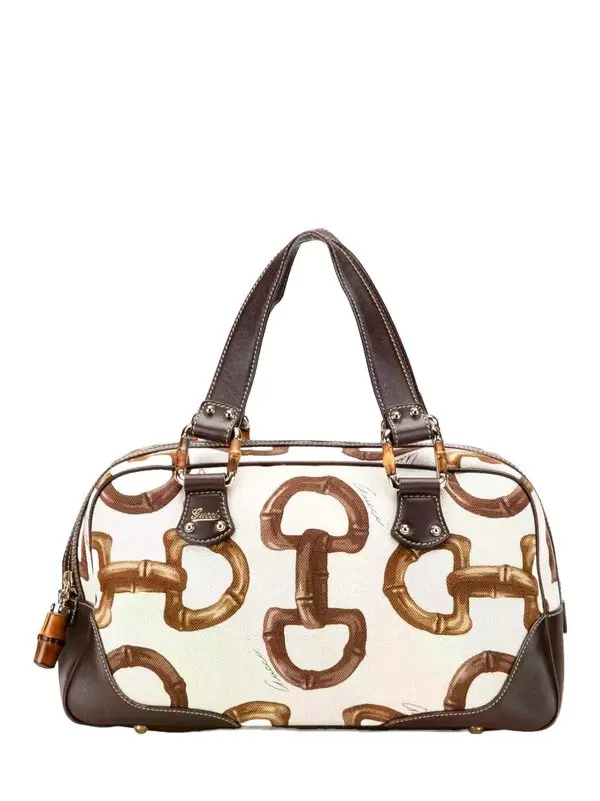 Gucci Printed Canvas Bamboo Horsebit Handbag - Brown