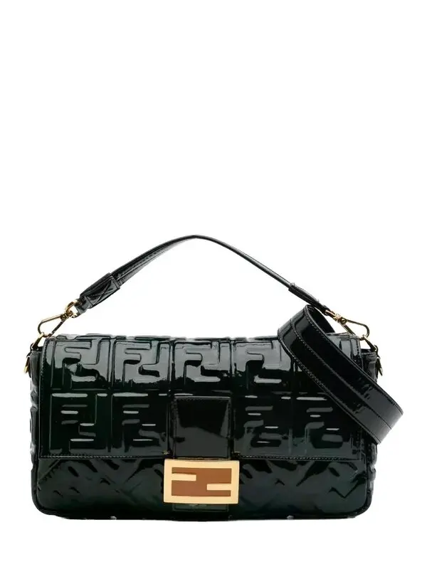 Fendi Large Zucca Embossed Patent Baguette Satchel - Green