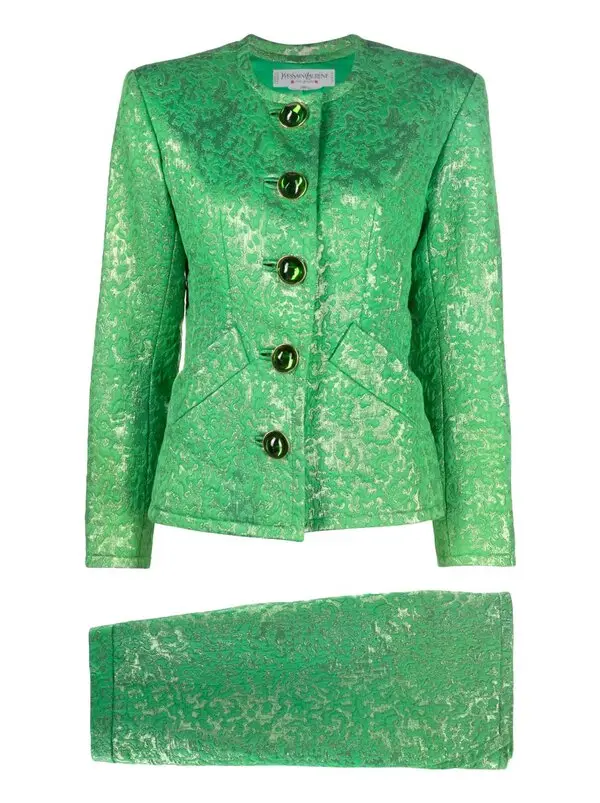 Saint Laurent 1980s Collarless Jacquard Skirt Suit - Green