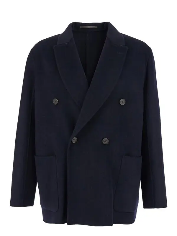 Emporio Armani Double-breasted Wool Coat With Wide Notch Lapels - Blue