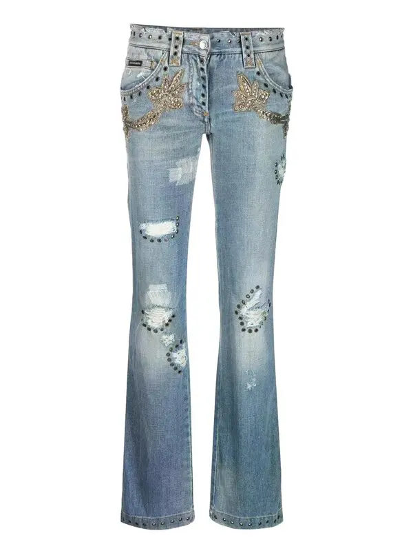 Dolce & Gabbana 2000s Embroidered Distressed Jeans - Blue