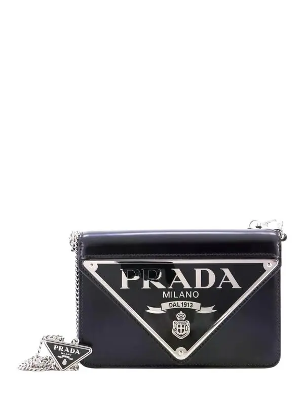 Prada Maxi Triangle Logo Chain Flap Bag Brushed Leather Small Crossbody Bag - Black