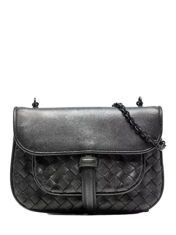 Bottega Veneta Mini Metallic Nappa Intrecciato Chain Flap Crossbody Bag - Grey