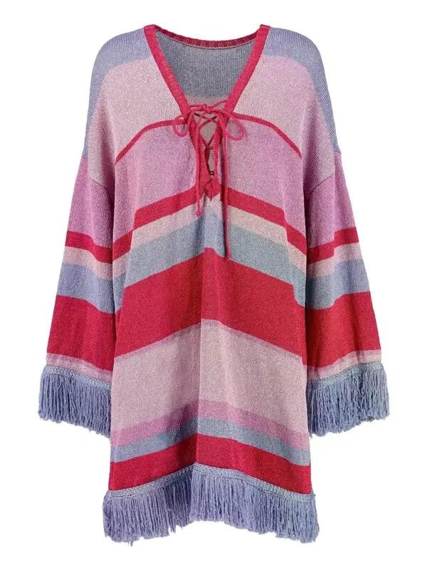 Vintage Striped Fringed Blouse - Red