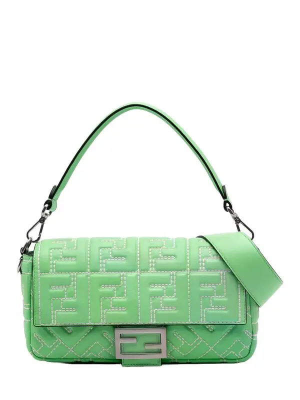 Fendi Zucca Embossed Stitched Leather Baguette Satchel - Green