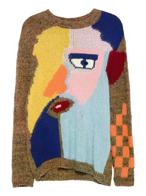 WALTER VAN BEIRENDONCK Knitted Face Graphic Sweater - Brown