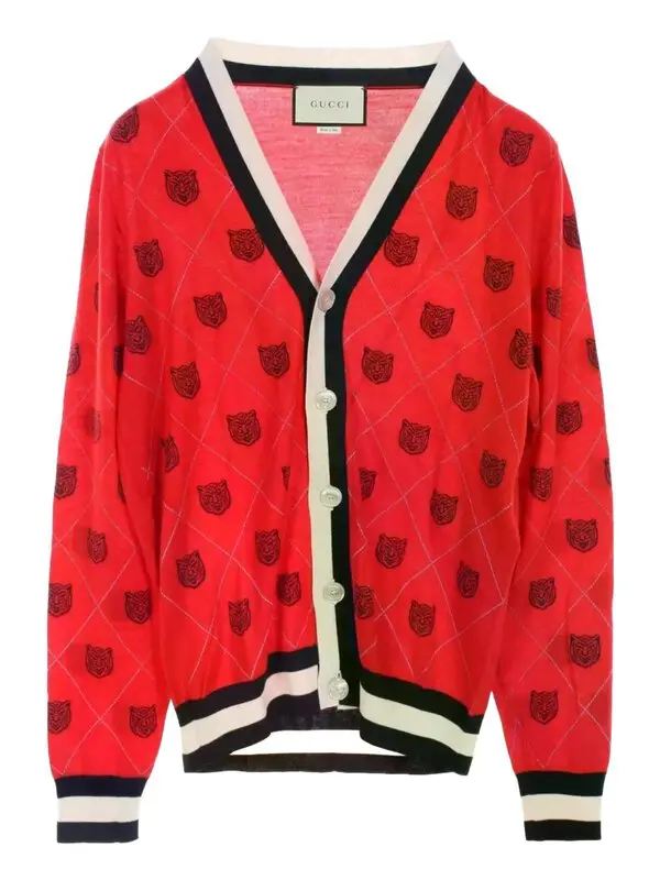 Gucci 2010s V-neck Tiger Head Cardigan - Red