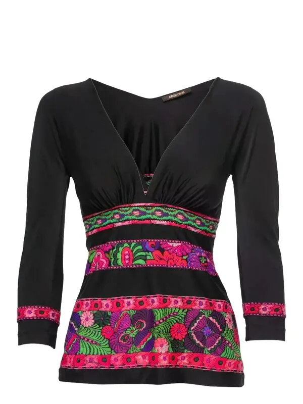 Roberto Cavalli Floral-embroidered Top - Black