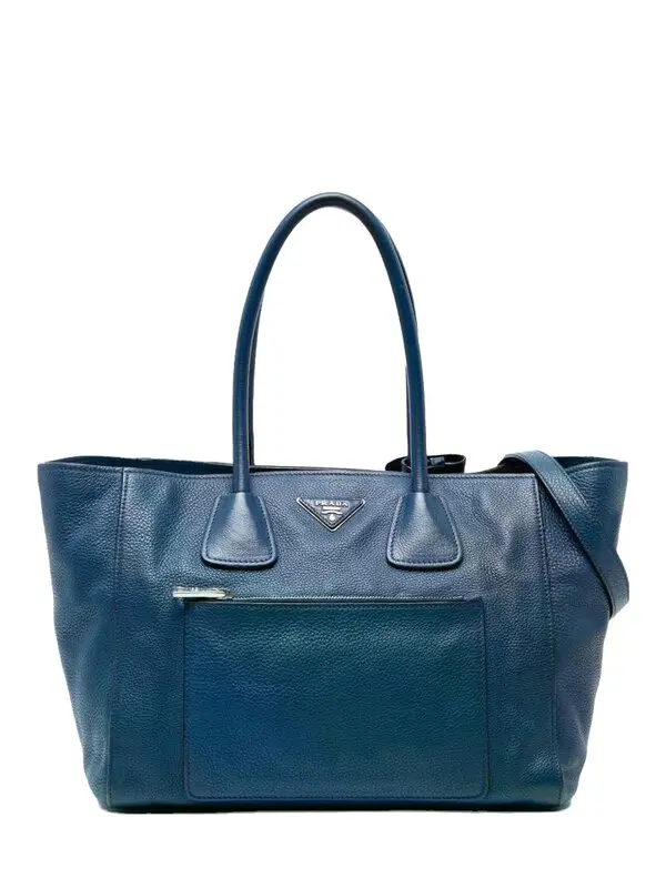 Prada Vitello Daino Front Pocket Convertible Tote Satchel - Blue