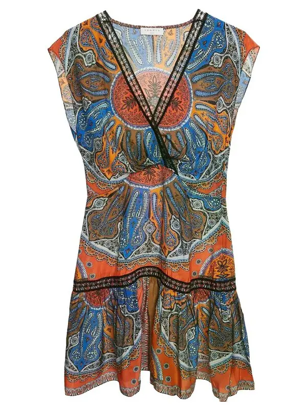 Sandro Paisley-print V-neck Mini Dress With Lace Trim - Blue