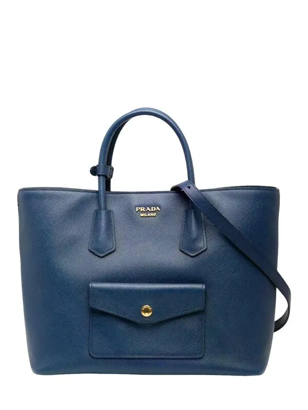 Prada Saffiano Cuir Front Pocket Convertible Tote Satchel - Blue