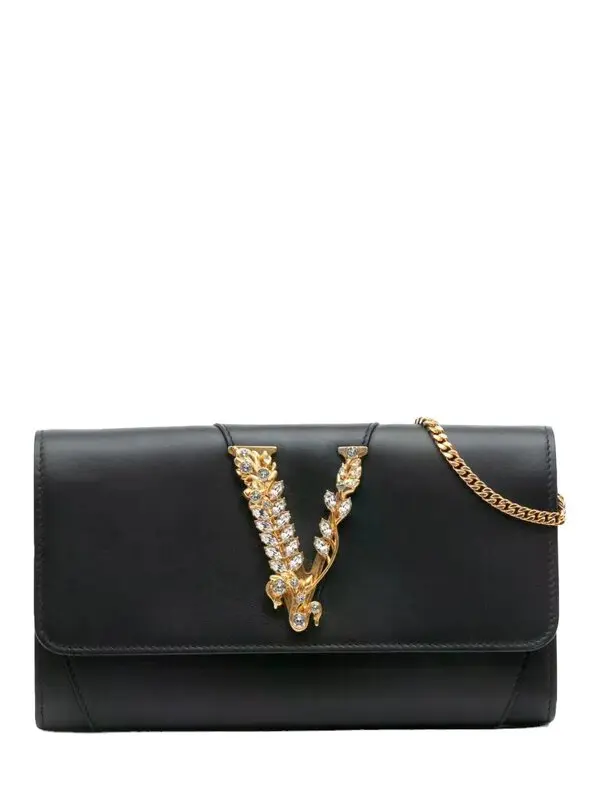 Versace Leather Crystal Virtus Chain Crossbody Bag - Black