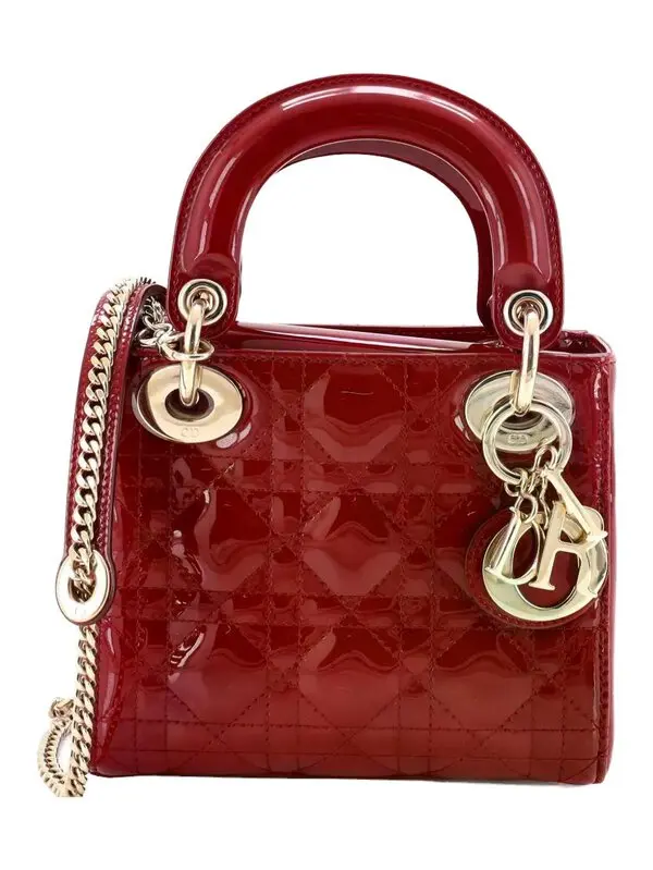 Dior Lady Cannage Quilt Patent Mini Satchel Chain Bag - Red