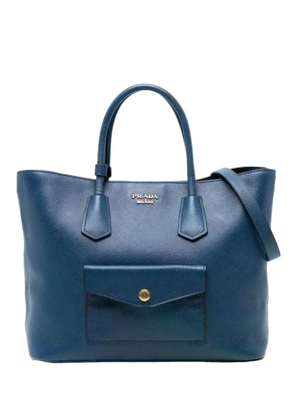 Prada Saffiano Cuir Front Pocket Convertible Tote Satchel - Blue