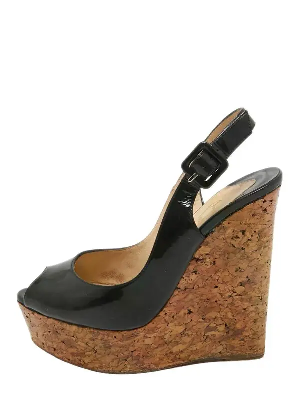 CHRISTIAN LOUBOUTIN Patent Leather Cork Wedge Sandals - Black