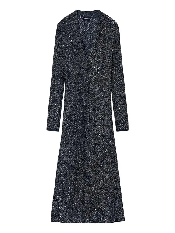 Giorgio Armani Long Cardigan In Viscose And Lurex Knit With Sequins - Blue