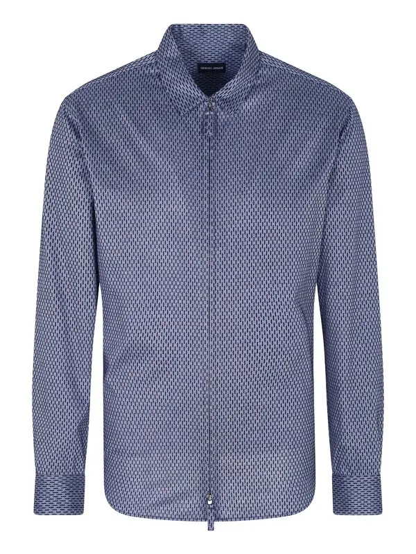 Giorgio Armani Slim-fit Zipped Shirt In Cotton With Flocked Geometric Motif - Blue