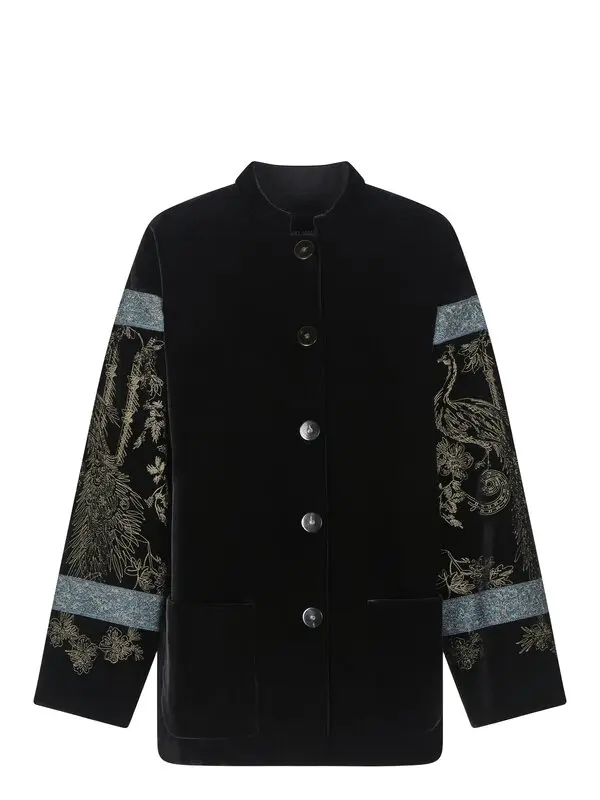 Giorgio Armani Embroidered Velvet Pea Coat - Black