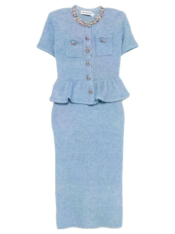SELF-PORTRAIT Peplum Knitted Midi Dress - Blue