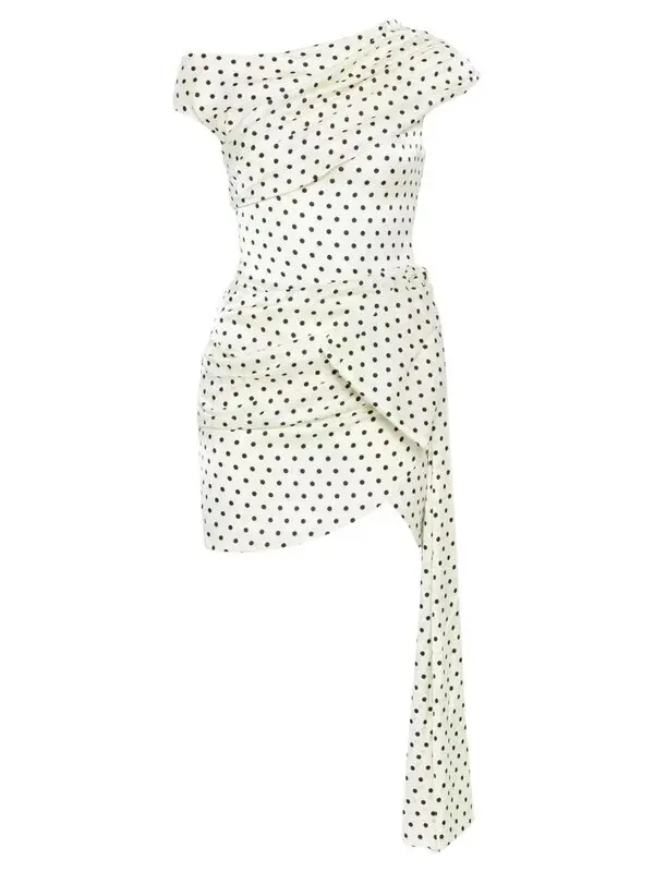 SELF-PORTRAIT Polka Dot Draped One-shoulder Mini Dress - Neutrals