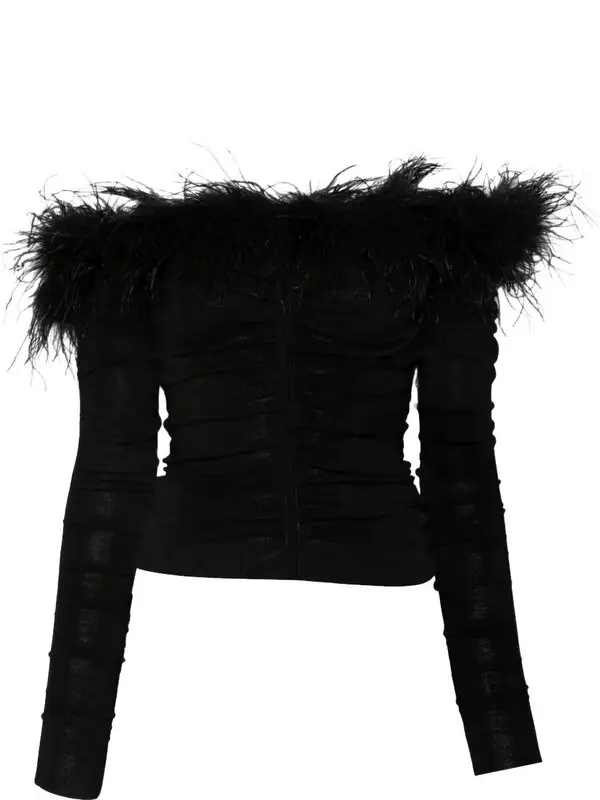 SELF-PORTRAIT Feather-trimmed Ruched Top - Black