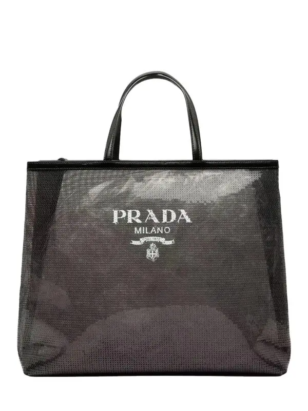 Prada Large Sequined Mesh Logo Tote Bag - Black