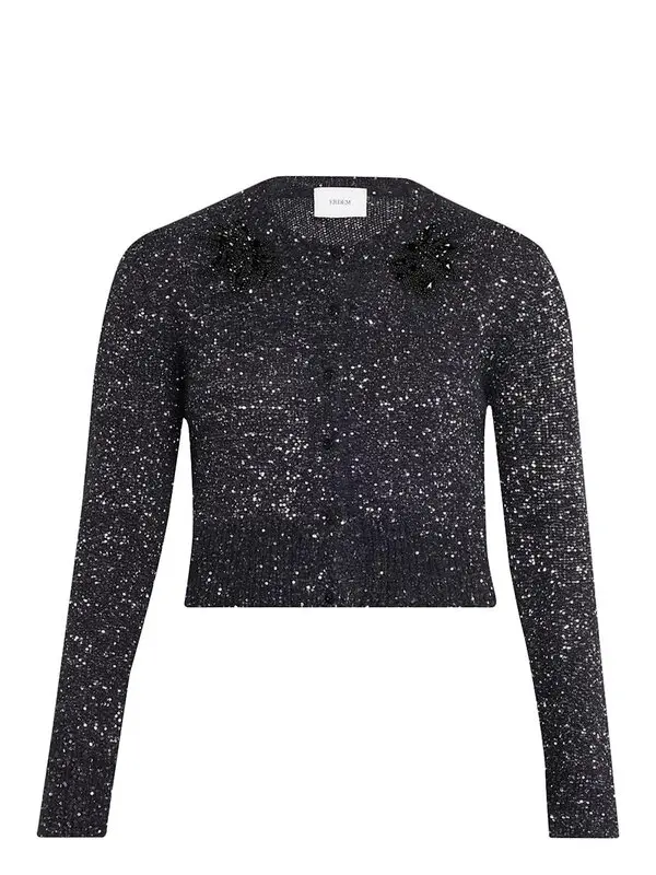 Erdem Crystal Embellished Paillette Knit Crop Cardigan - Black