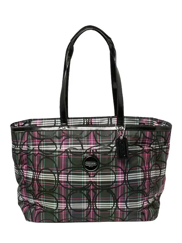 COACH VINTAGE Medium Plaid Leather Tote Bag - Black