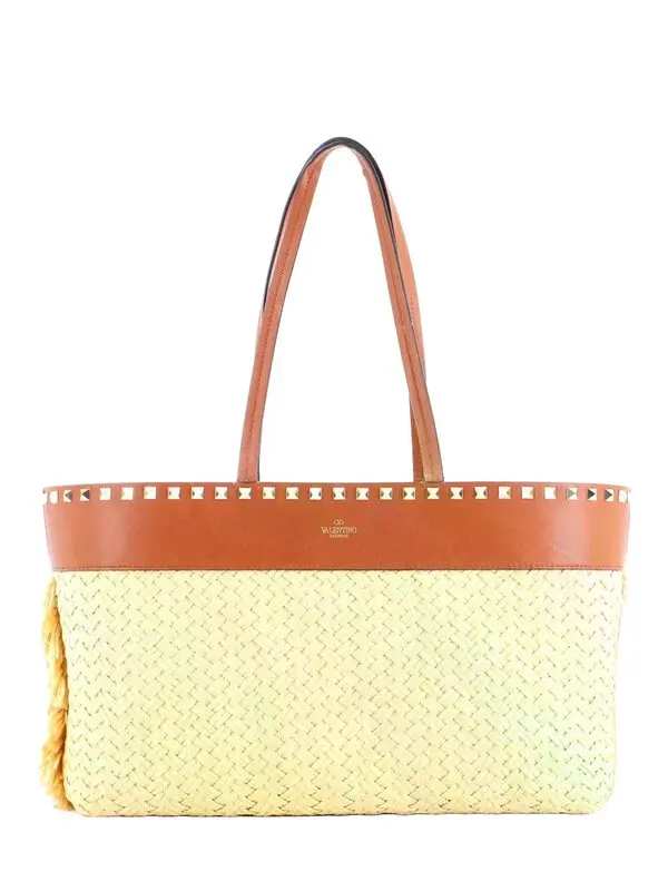 Valentino Garavani Rockstud Shopping Raffia Large Tote Bag - Neutrals