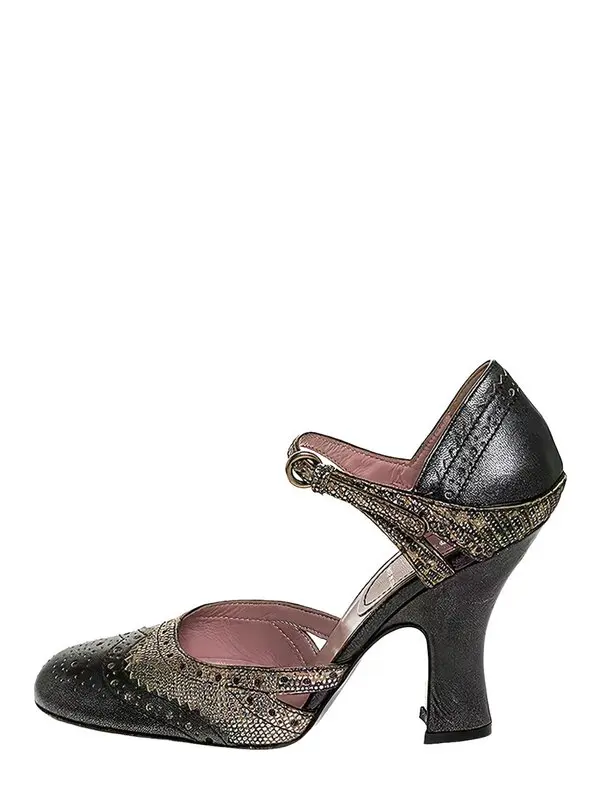 Miu Miu Brogue Leather Mary Jane Pumps - Grey