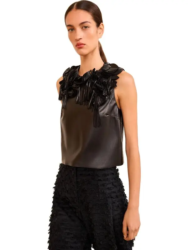 Ulla Johnson Marlowe Floral Applique Leather Top - Noir