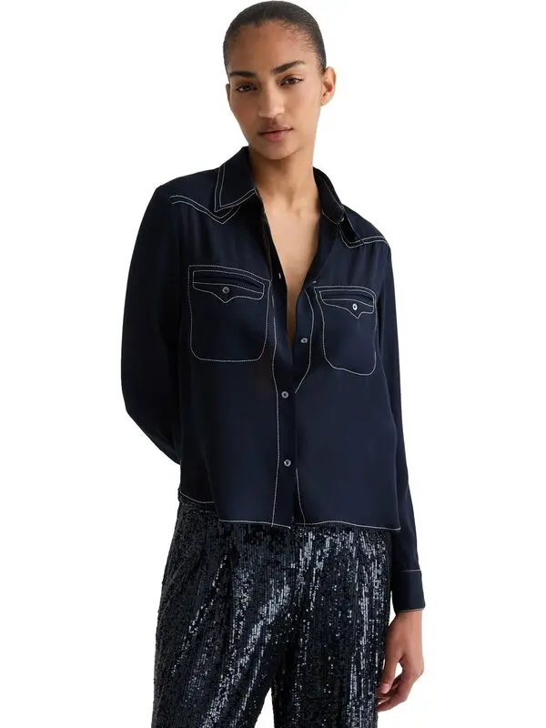 TWP Carter Silk Georgette Topstitch Shirt - Midnight