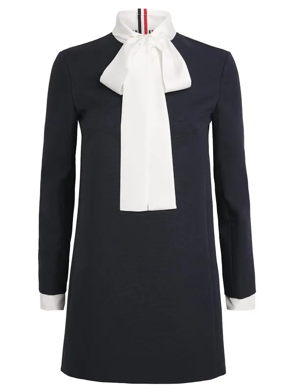 Thom Browne Wool Shift Dress With Pussybow - Navy