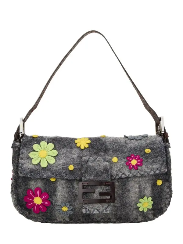 Fendi Felt Floral Appliqué Baguette - Grey