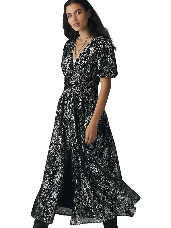 Anthropologie Katerina Metallic Lace Button-front Dress - Black Metallic