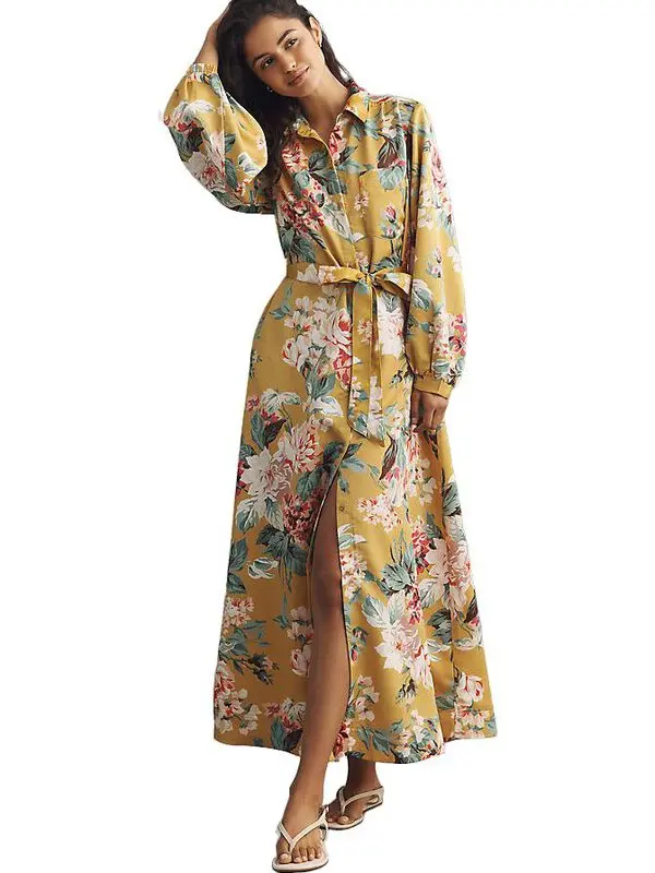 Maeve The Mona Silky Maxi Shirt Dress - Yellow Pattern