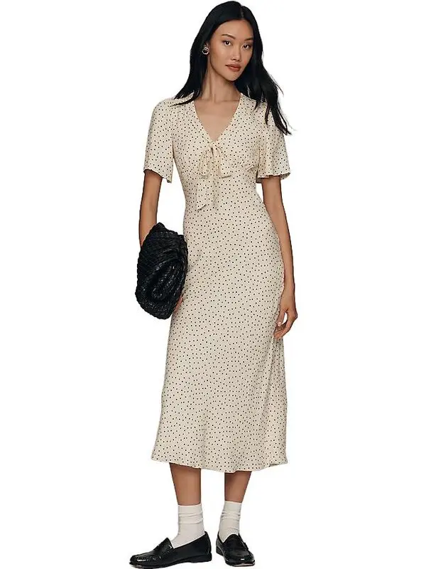 REFORMATION Tyra Short-sleeve V-neck Midi Dress - Ivory Dot